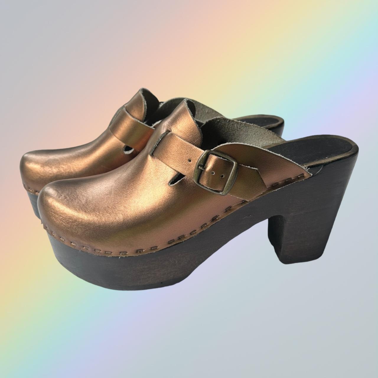 Bronze metallic Sven platform clogs with buckle size... - Depop
