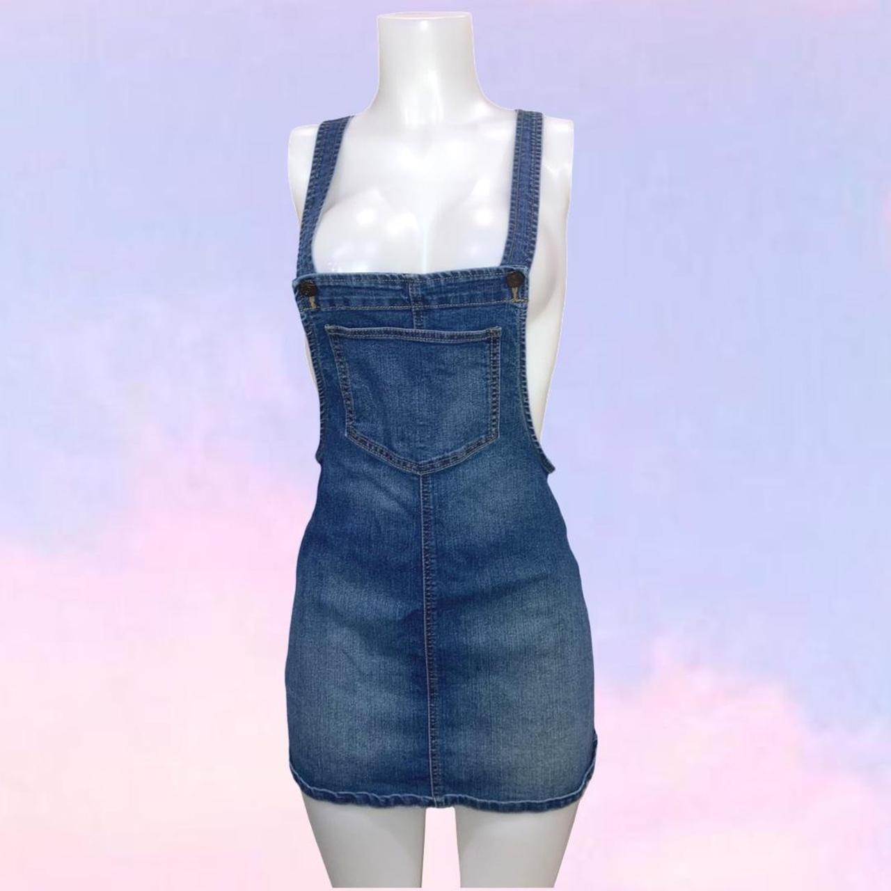 Vintage 90s y2k denim overall mini dress. Stretchy.... - Depop