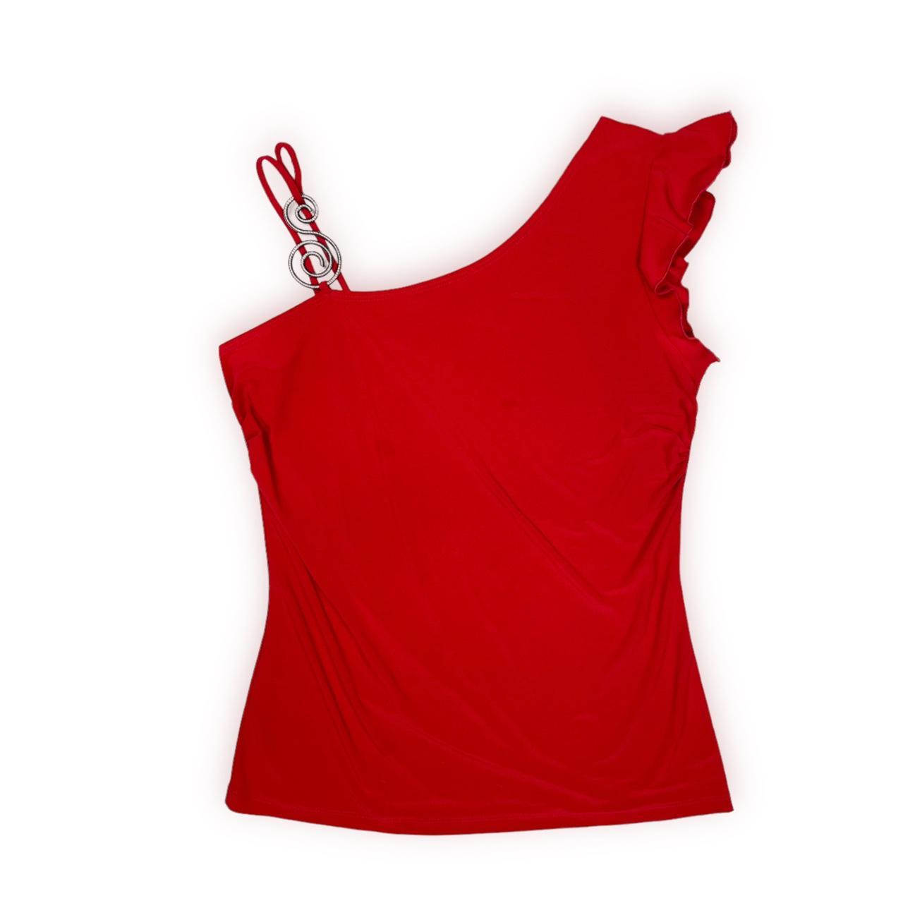 Y2k red asymmetrical top Measurements: 38"-44"... - Depop