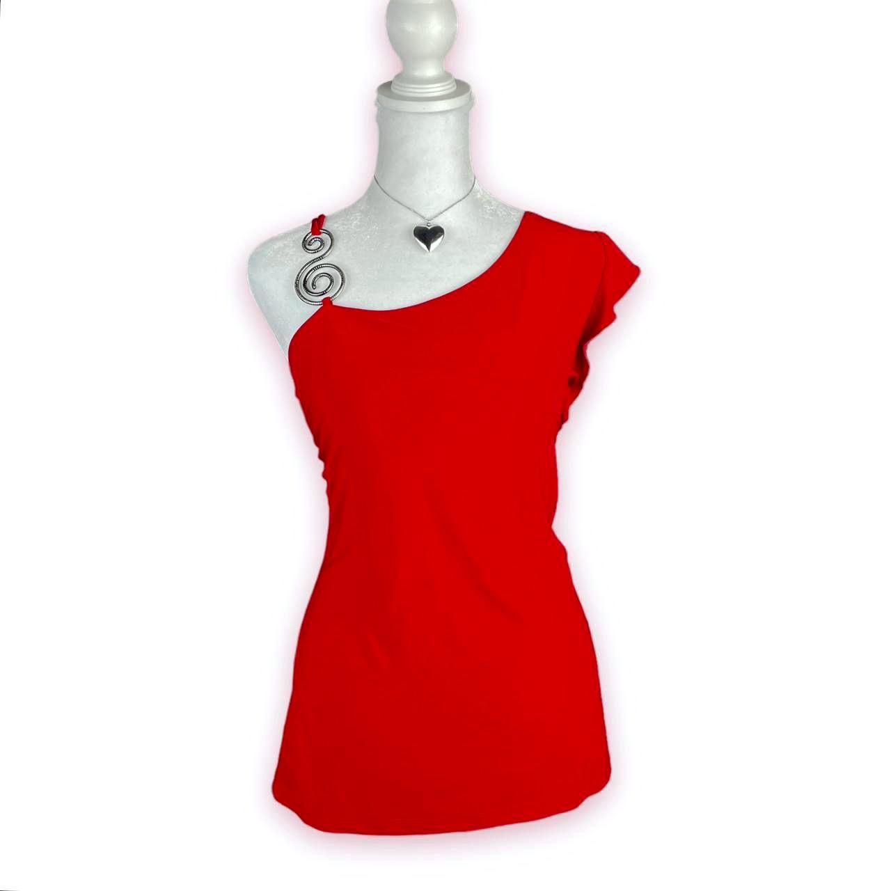 Y2k red asymmetrical top Measurements: 38"-44"... - Depop