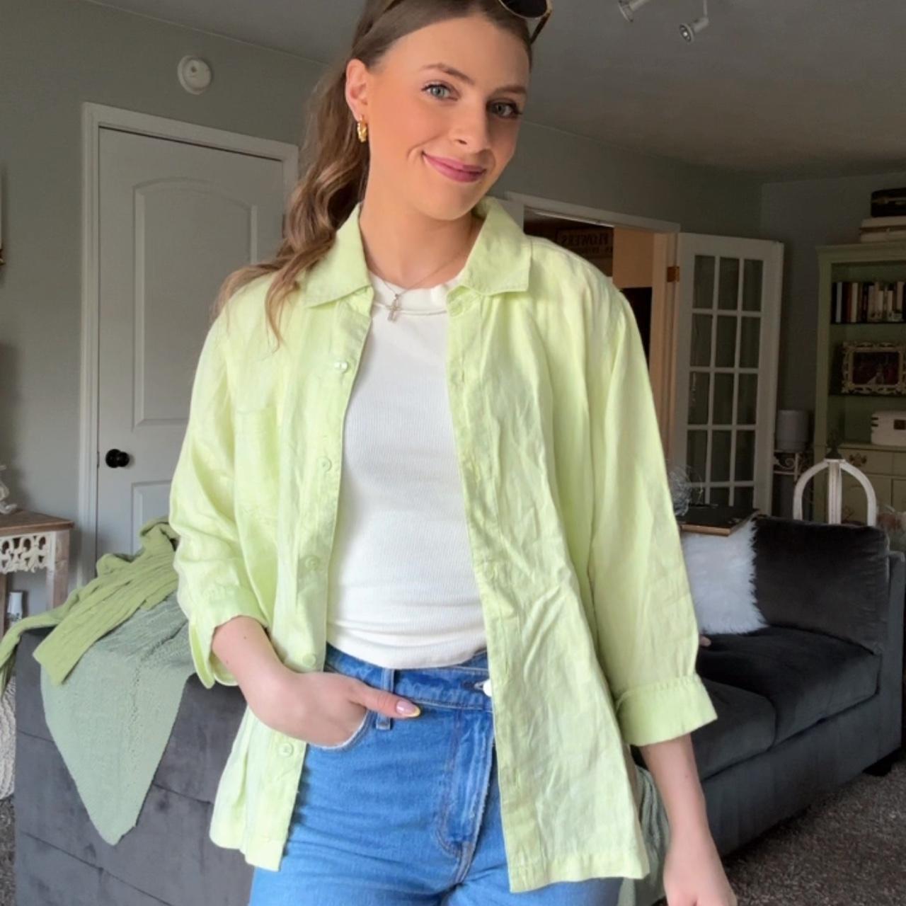Lime Green Linen Button-Up Top Brand is Valerie... - Depop