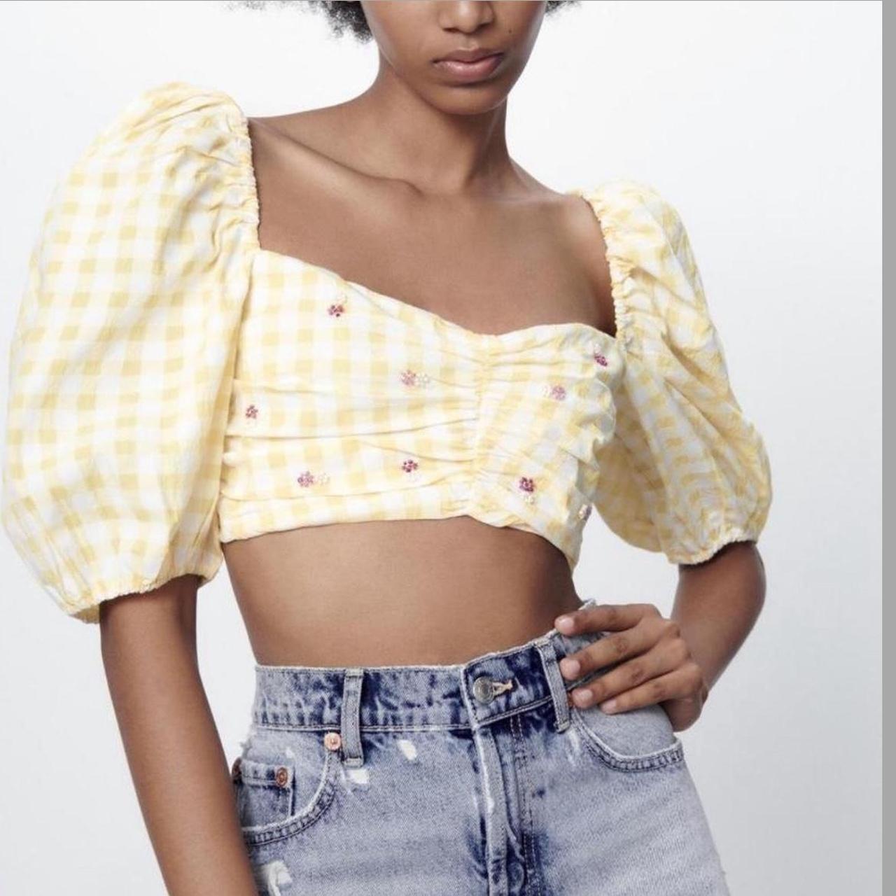 Zara yellow & white gingham top with puff sleeves /... - Depop