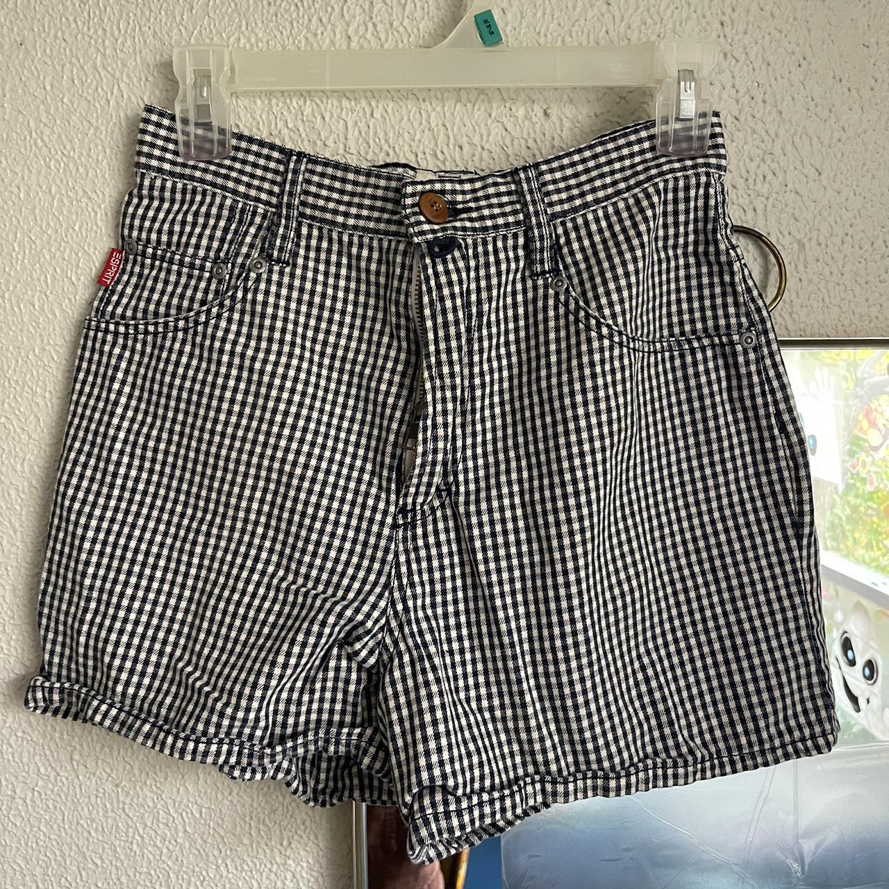 Vintage Navy blue and white gingham printed high... - Depop