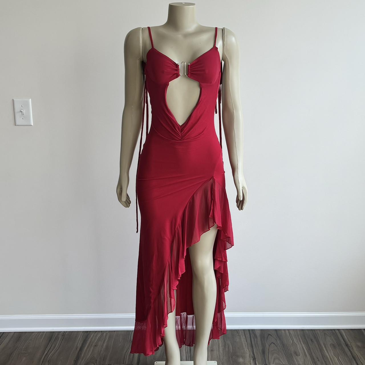 Luxurious crimson red open-back maxi dress with... | Depop