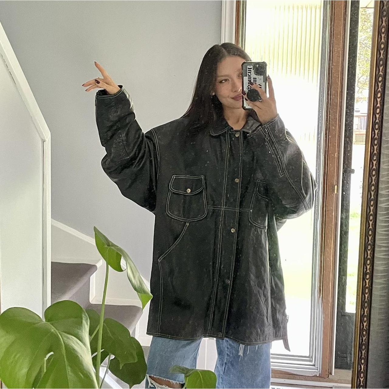 vintage grunge leather contrast jacket ☕️🍂 long... - Depop