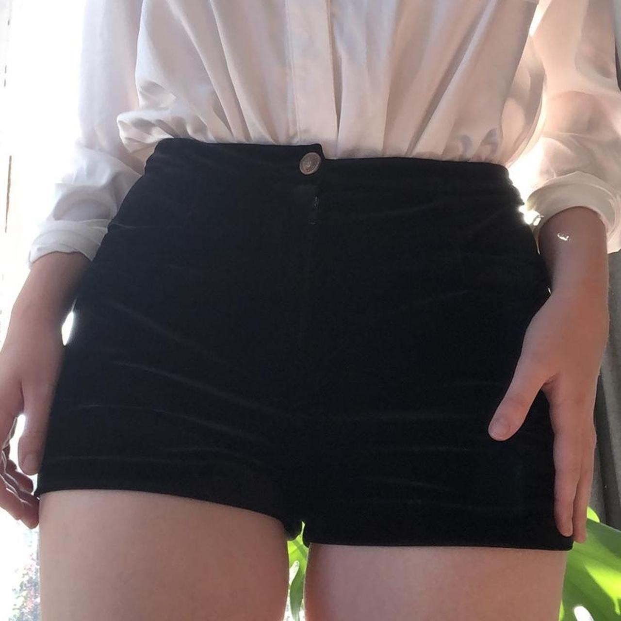 Black velour velvet topshop hotpant shorts with gold... - Depop