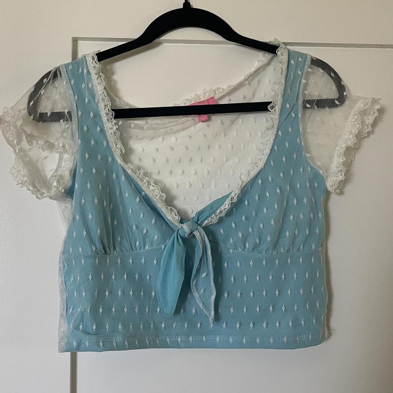 Sold Out Baby Blue Mesh Back Top with Ribbon... - Depop