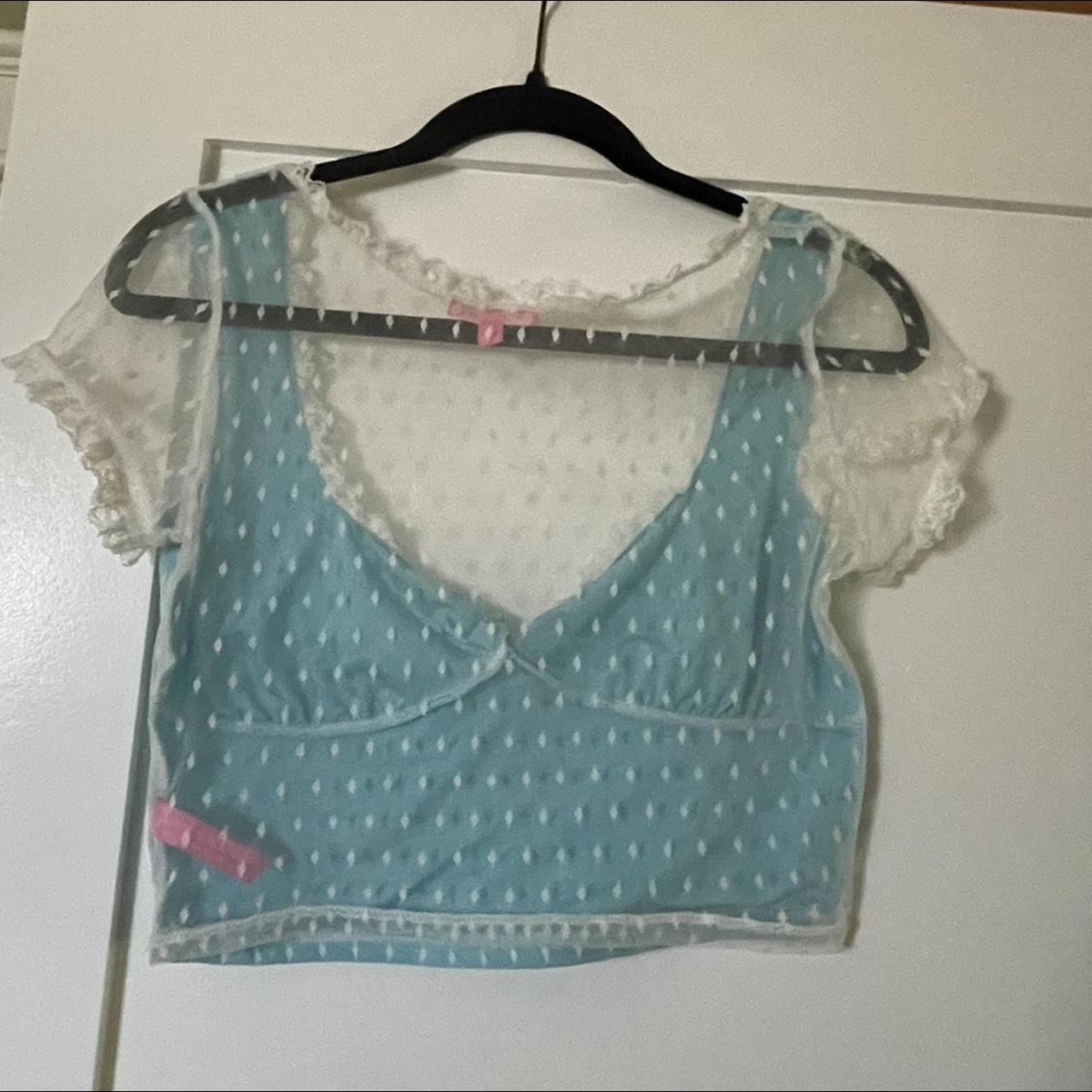 Sold Out Baby Blue Mesh Back Top with Ribbon... - Depop