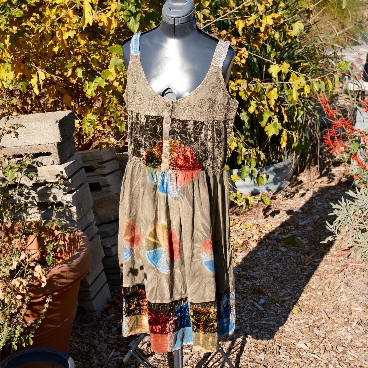 Boho patchwork velvet button-up dress with lace... - Depop