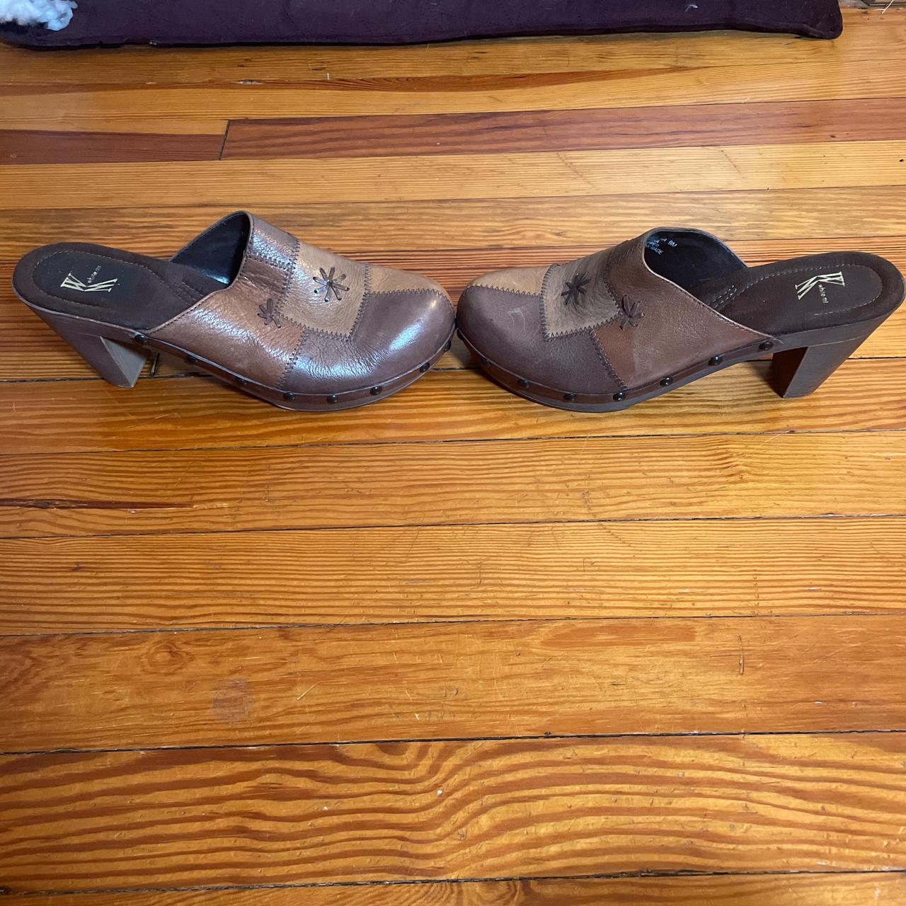 Brown leather patchwork clogs with a boho touch... | Depop