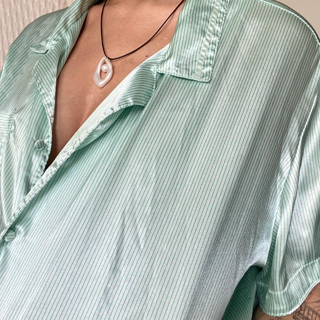 vintage sea foam pinstripe silk button up shirt from... - Depop