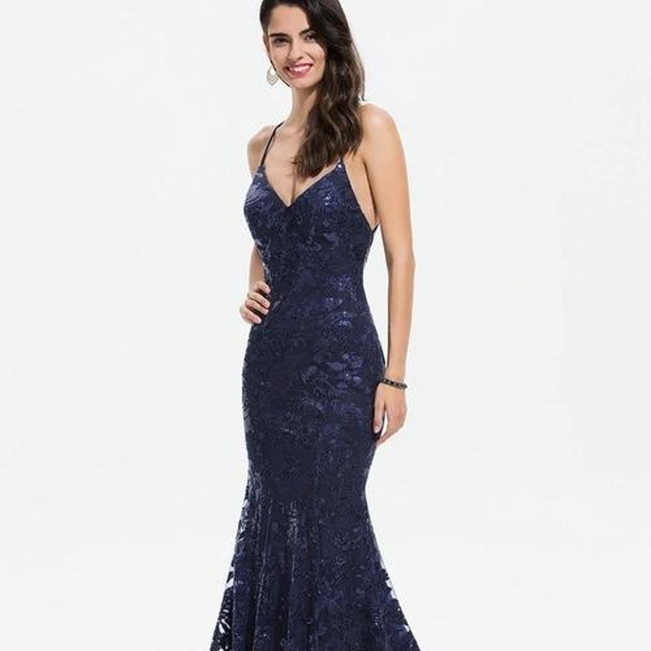 Long Blue sequin v neck prom dress with train worn once - Depop