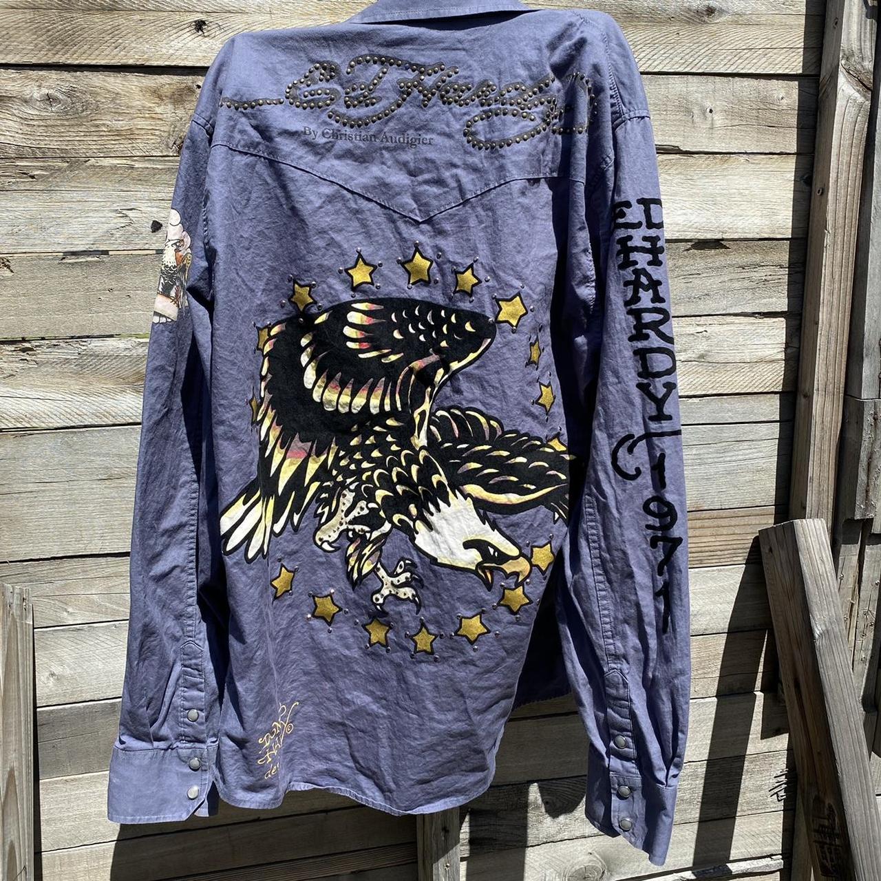 Ed Hardy Women's Blue and Grey Top | Depop