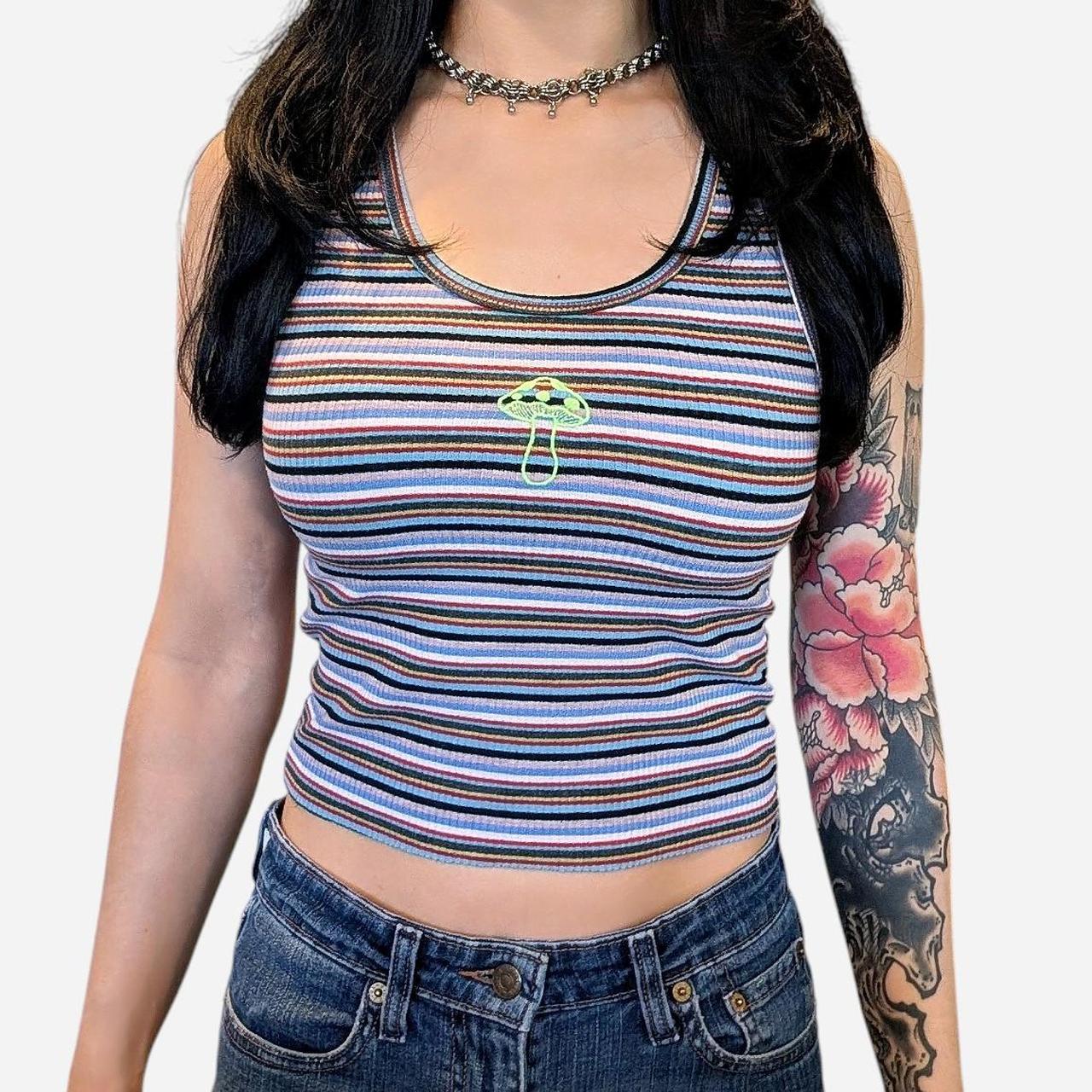 Striped cropped tank top with embroidered mushroom... | Depop