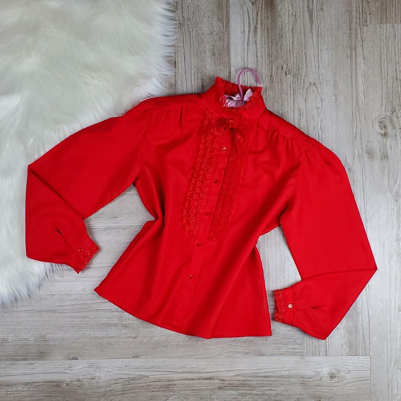 Vintage red ruffle button up top -Size 8 -19" pit... - Depop