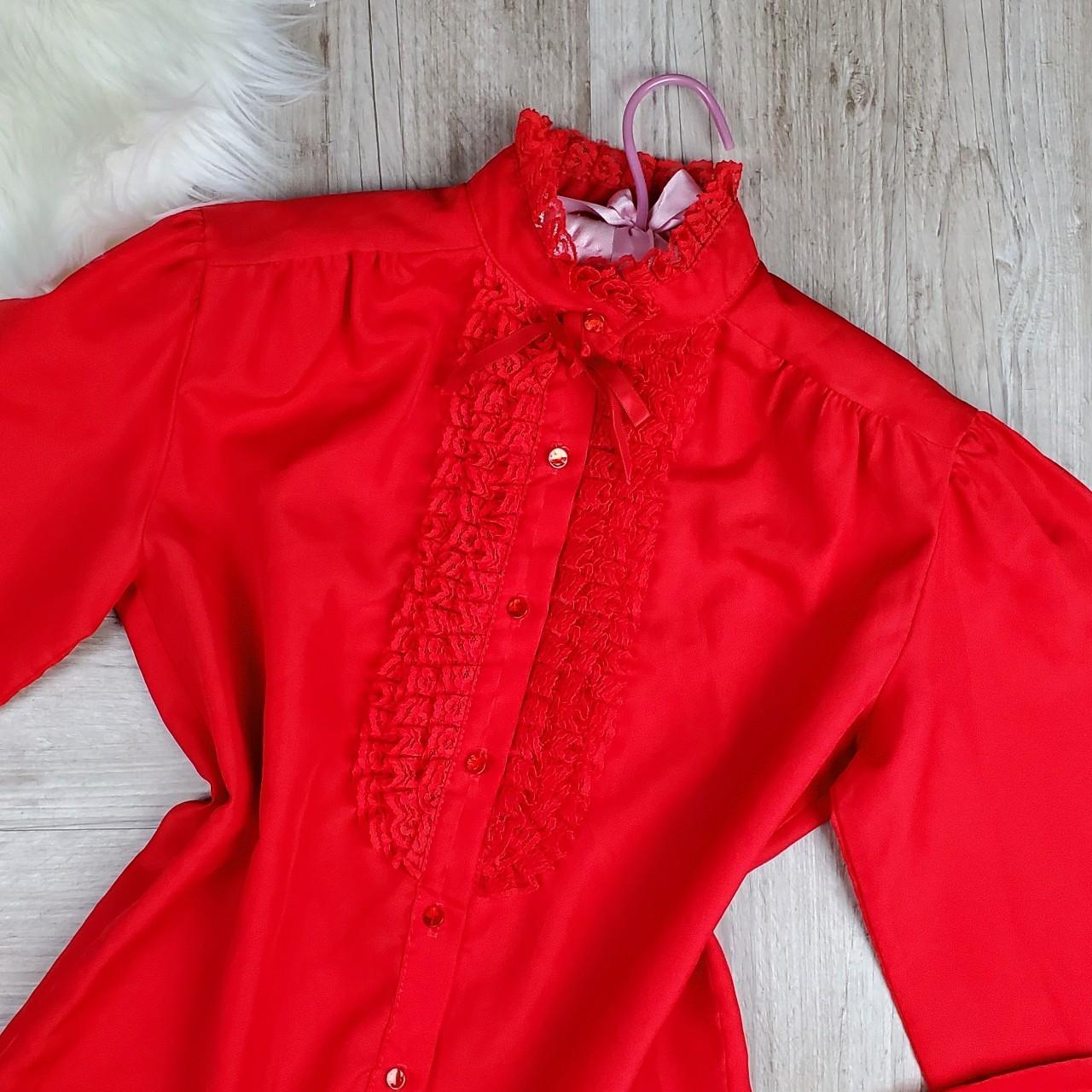Vintage red ruffle button up top -Size 8 -19" pit... - Depop
