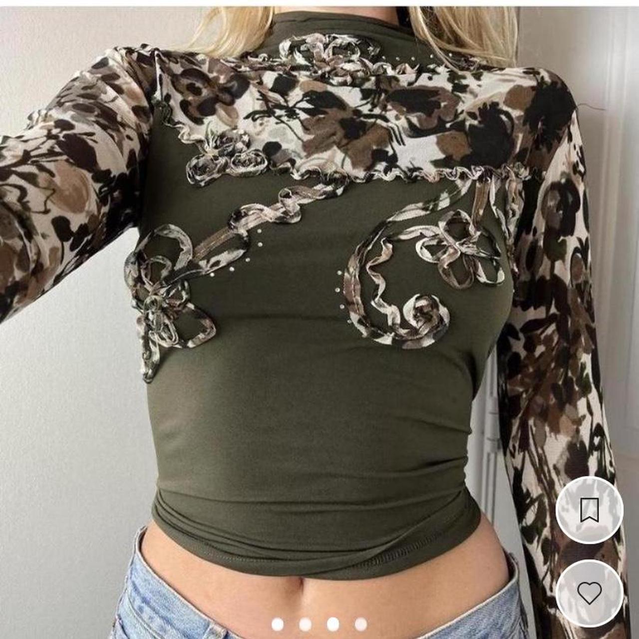Y2k mesh floral long sleeve top Size... - Depop