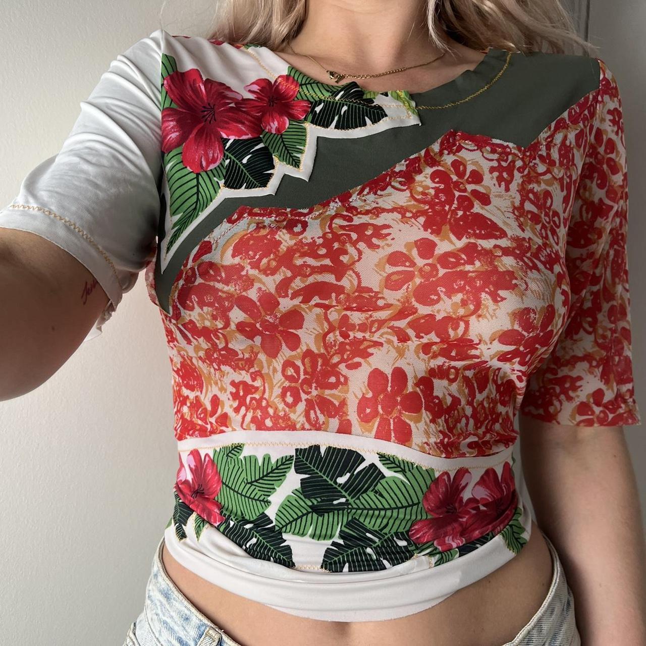 Vintage floral mesh y2k top Size... - Depop