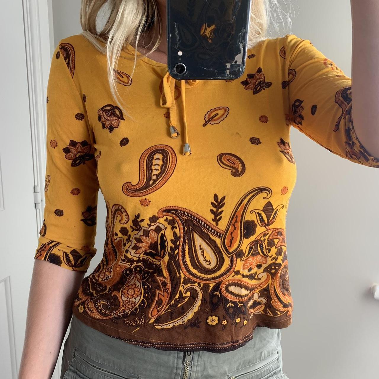 Y2K mesh yellow paisley top Size 8-10 #y2k #mesh - Depop