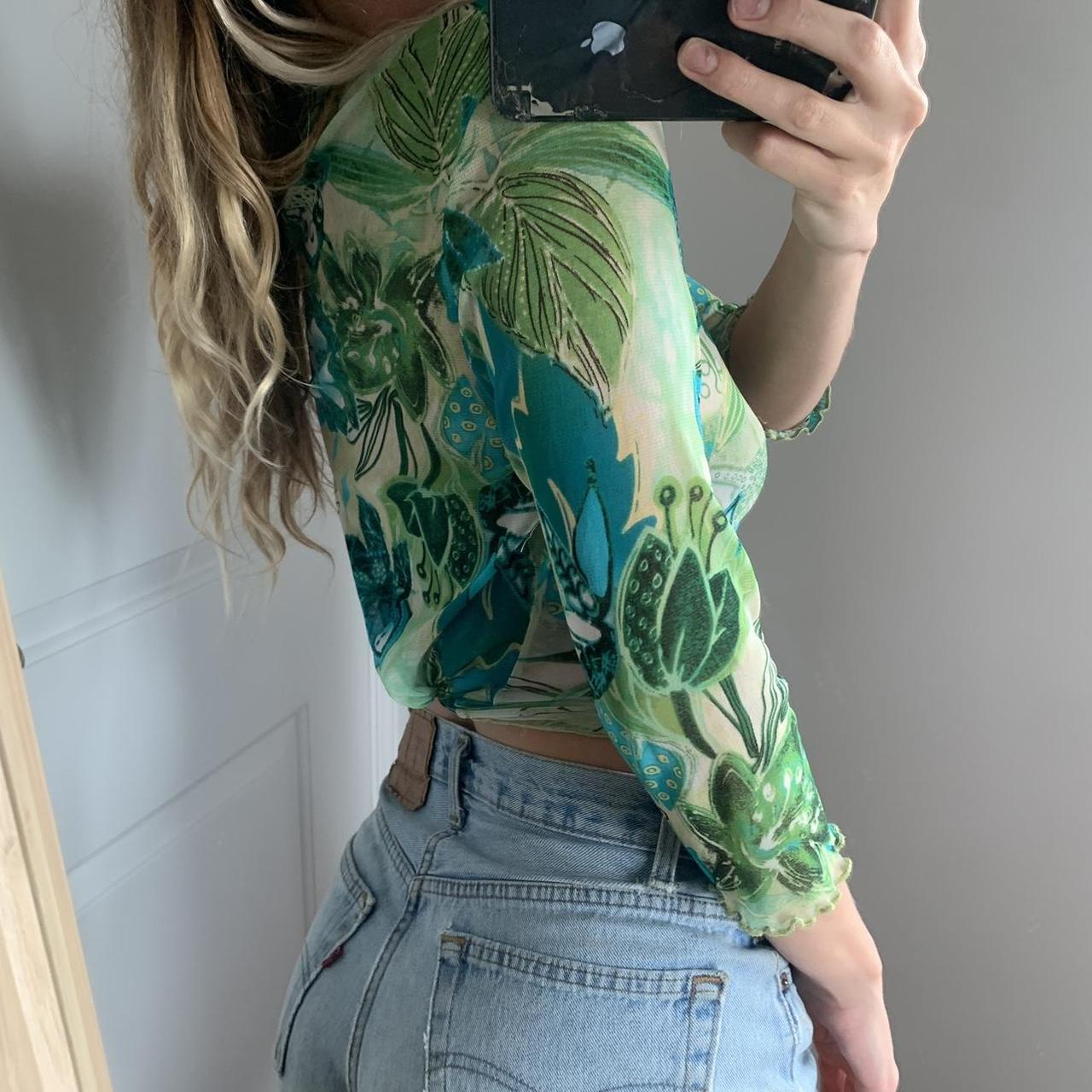 Y2K green floral mesh graphic vintage top Size... - Depop