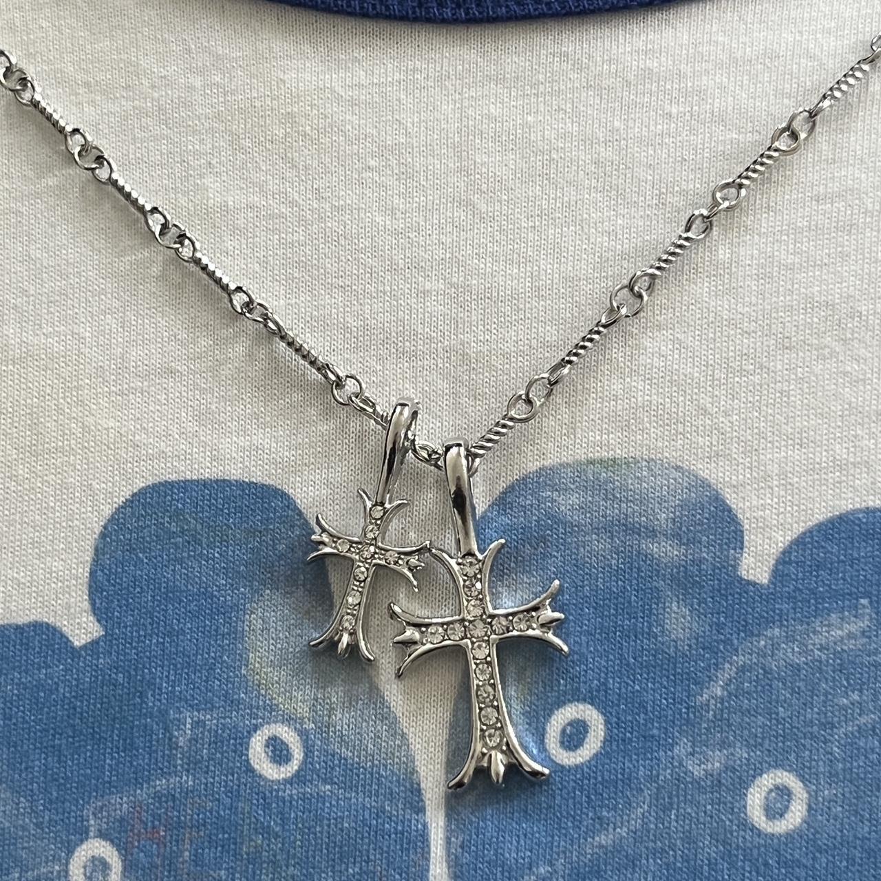Silver tone double cross necklace . #necklace... - Depop