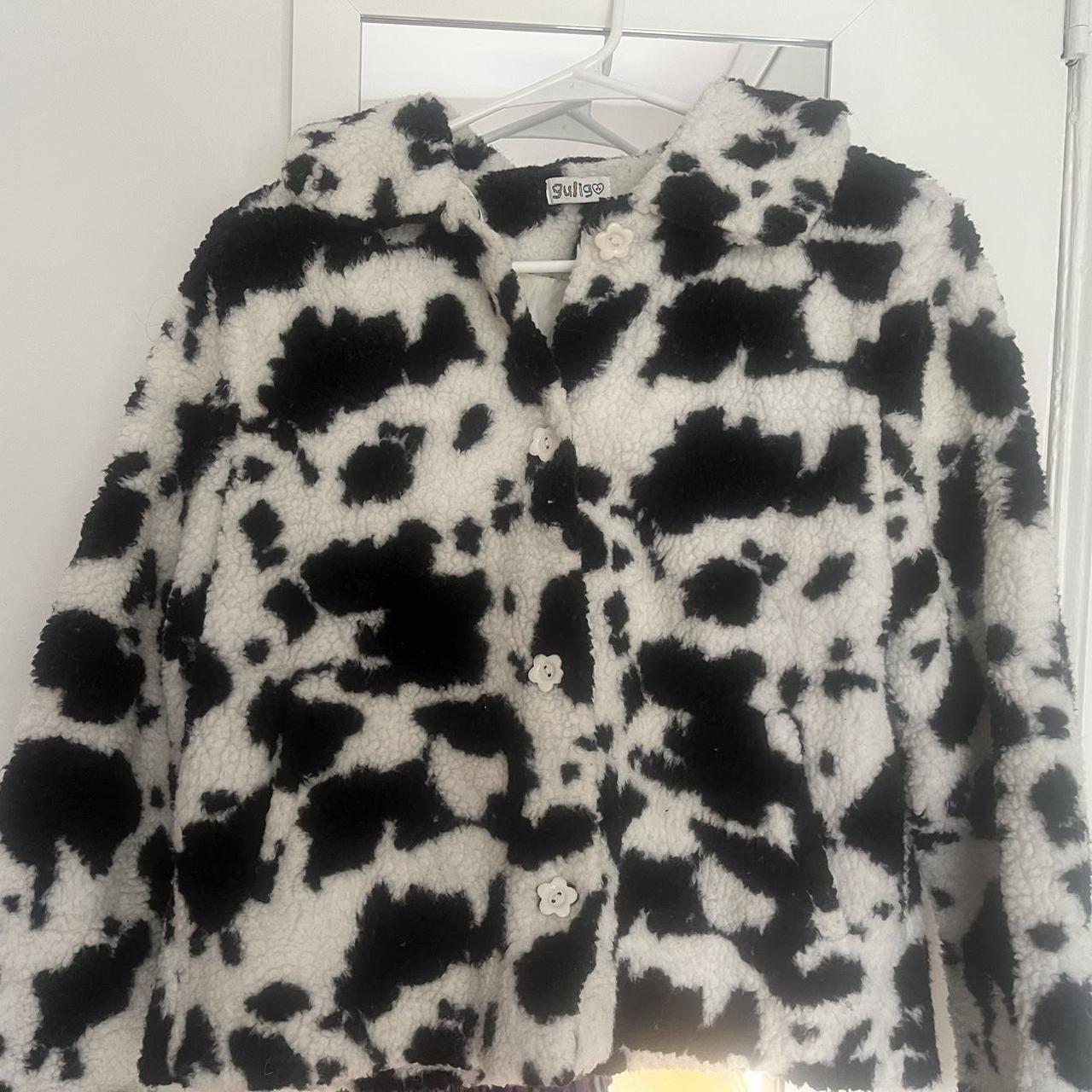 fuzzy cow print cropped coat with white flower... - Depop