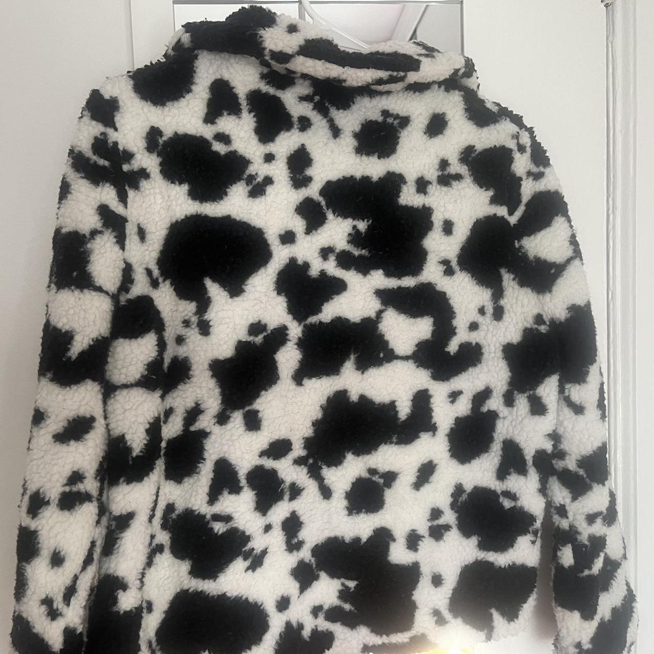fuzzy cow print cropped coat with white flower... - Depop