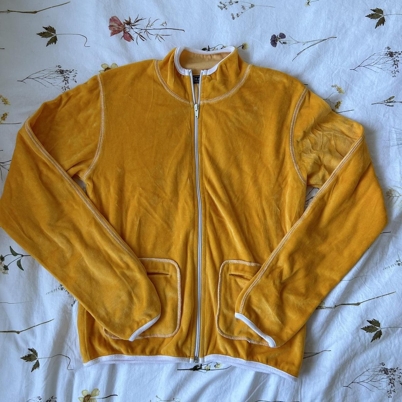 Vintage orangey yellow velvet white trim zip-up... | Depop