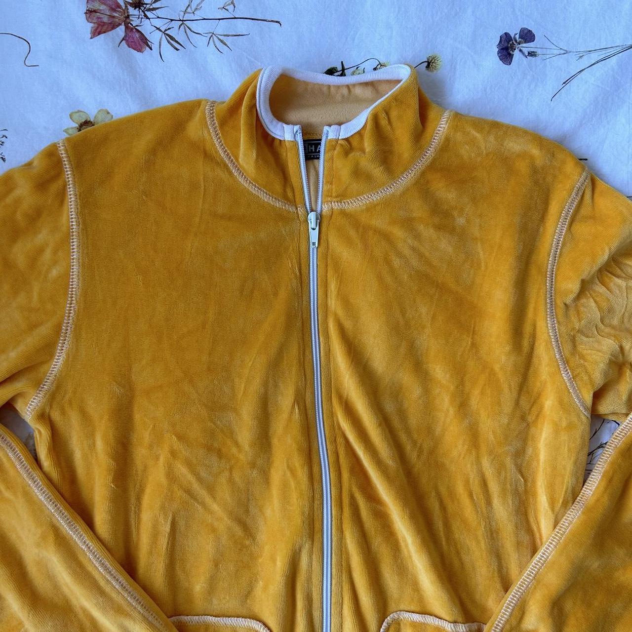 Vintage orangey yellow velvet white trim zip-up... | Depop