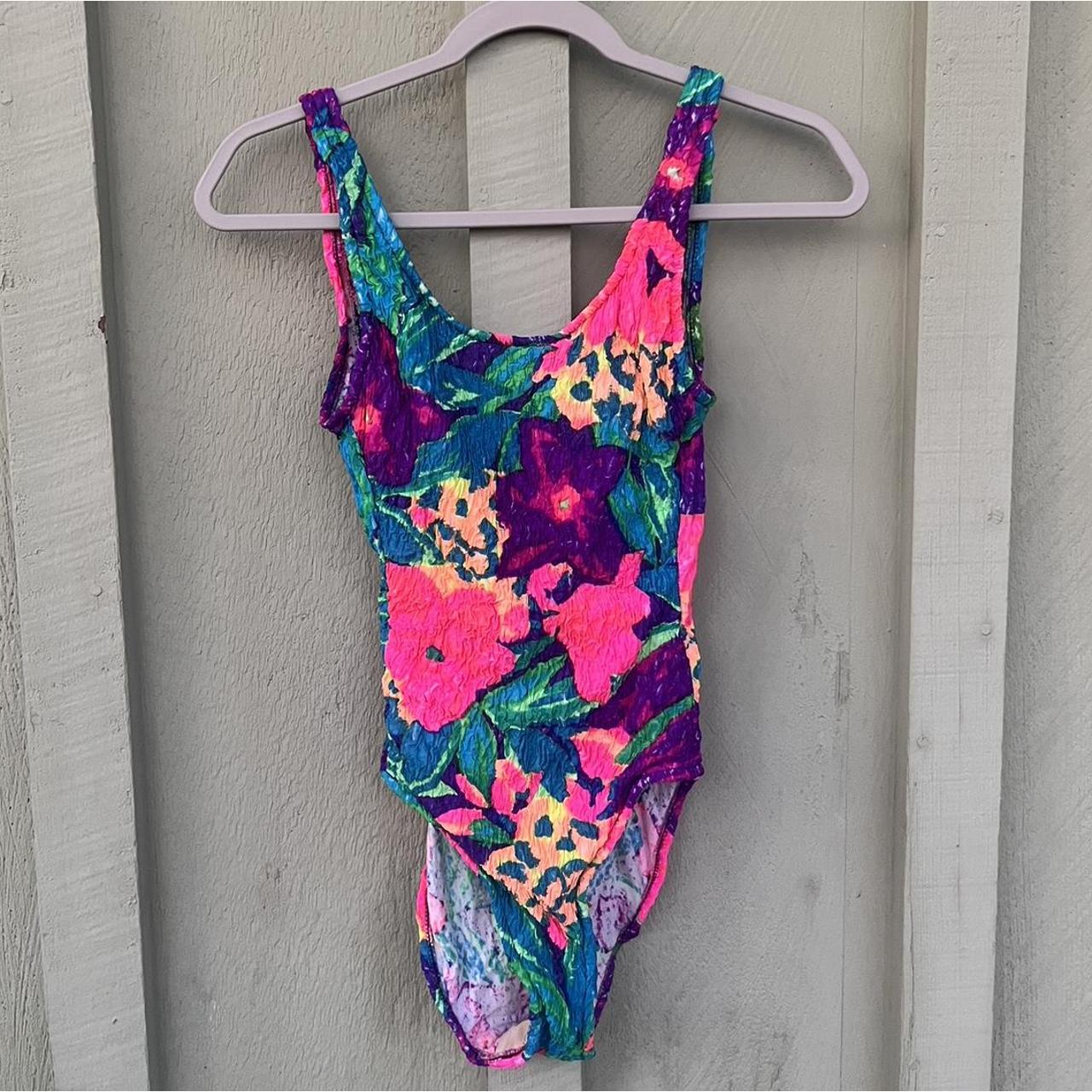 Vintage neon 80s crinkle open-back one piece bathing... - Depop