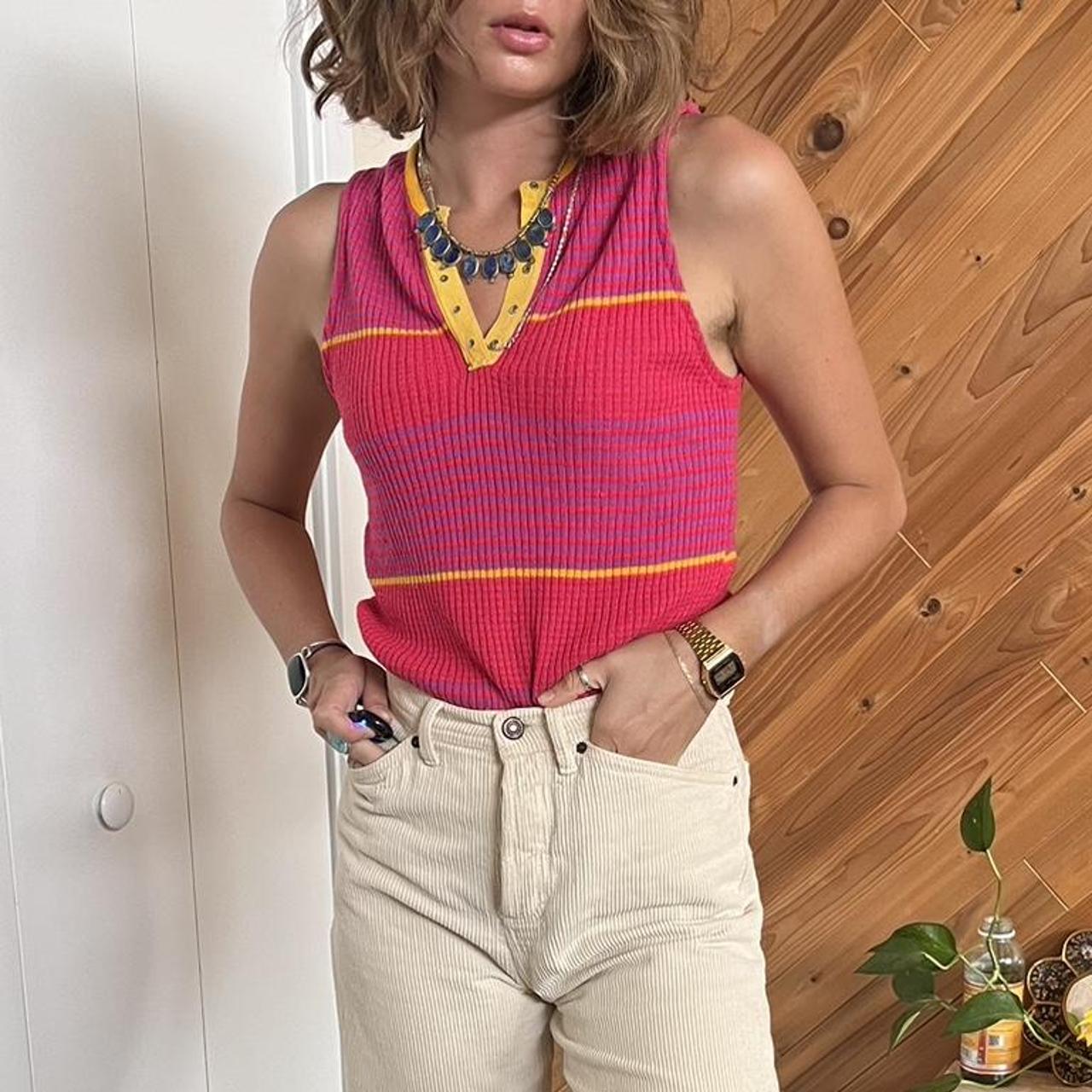 70s striped ribbed sweater tank seen here on size... - Depop