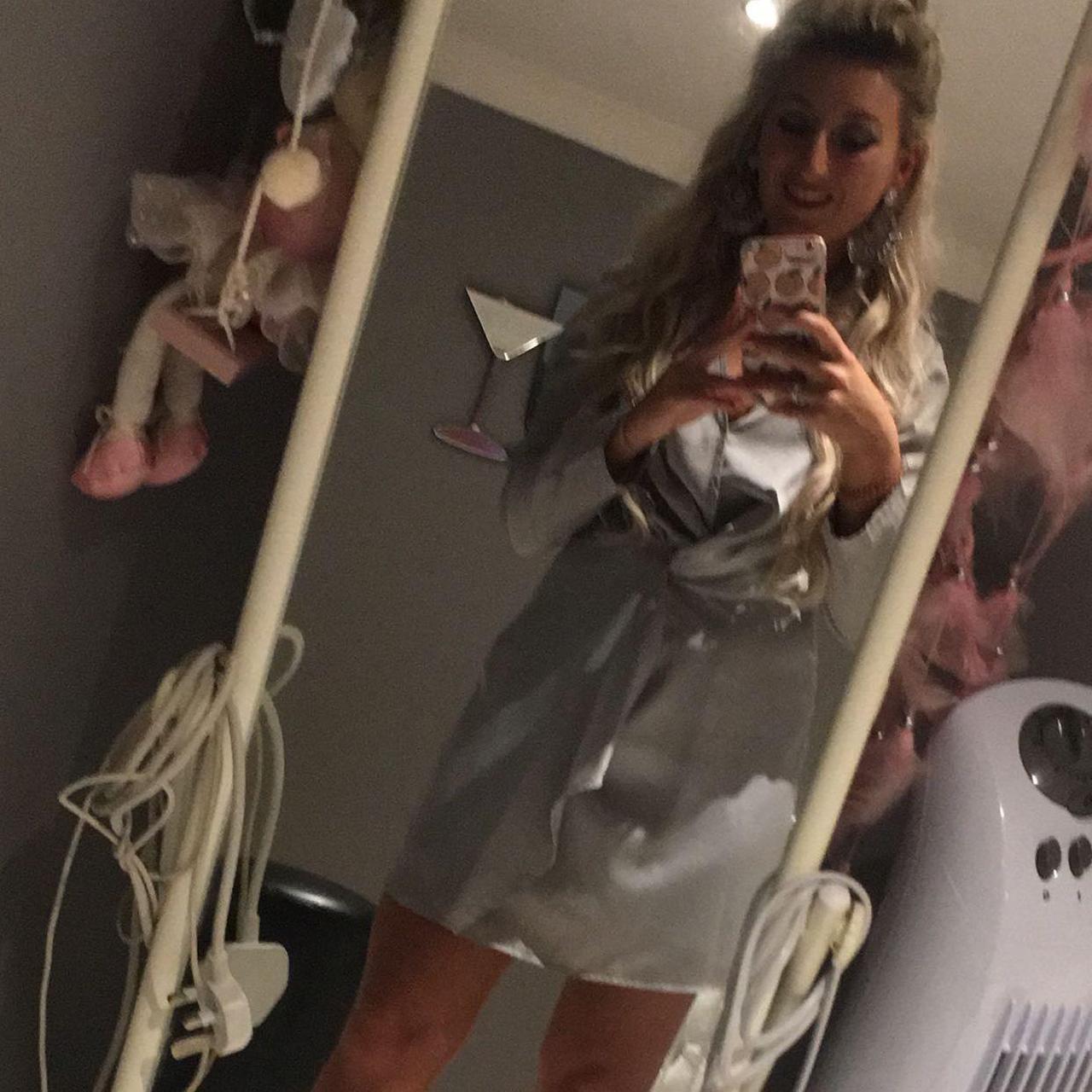 Silver satin mini dress. Very flattering Size 10... - Depop