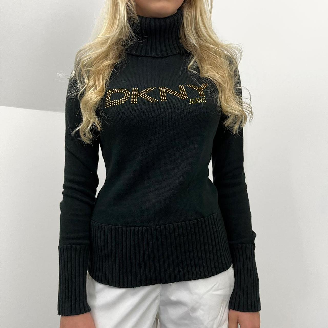 DKNY Women's Black and Gold Jumper | Depop