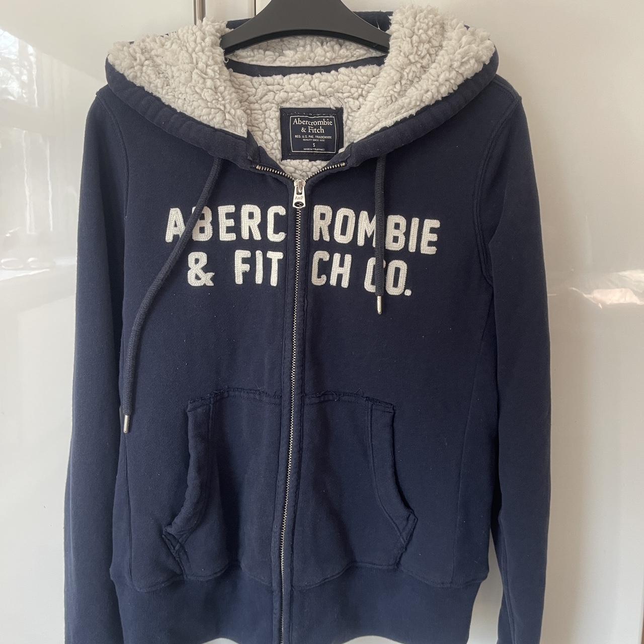 Abercrombie & Fitch zip up hoodie in navy blue Worn... - Depop