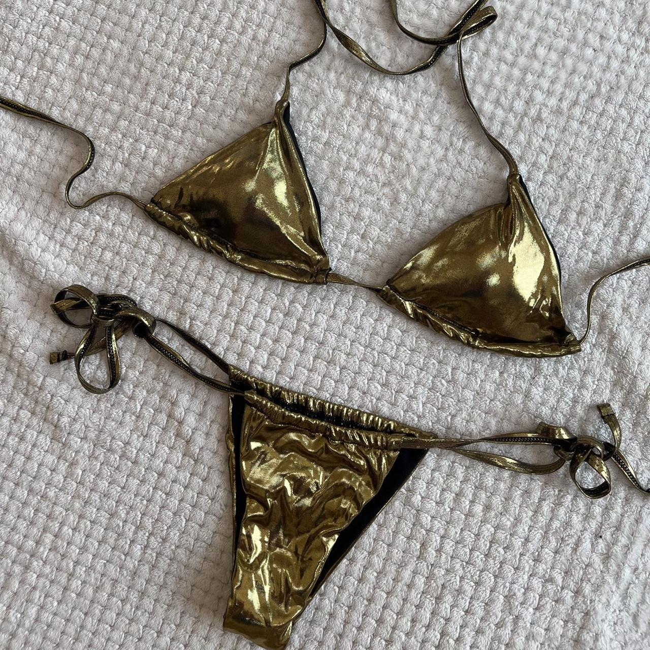 Gold metallic thong bikini three piece adjustable... - Depop