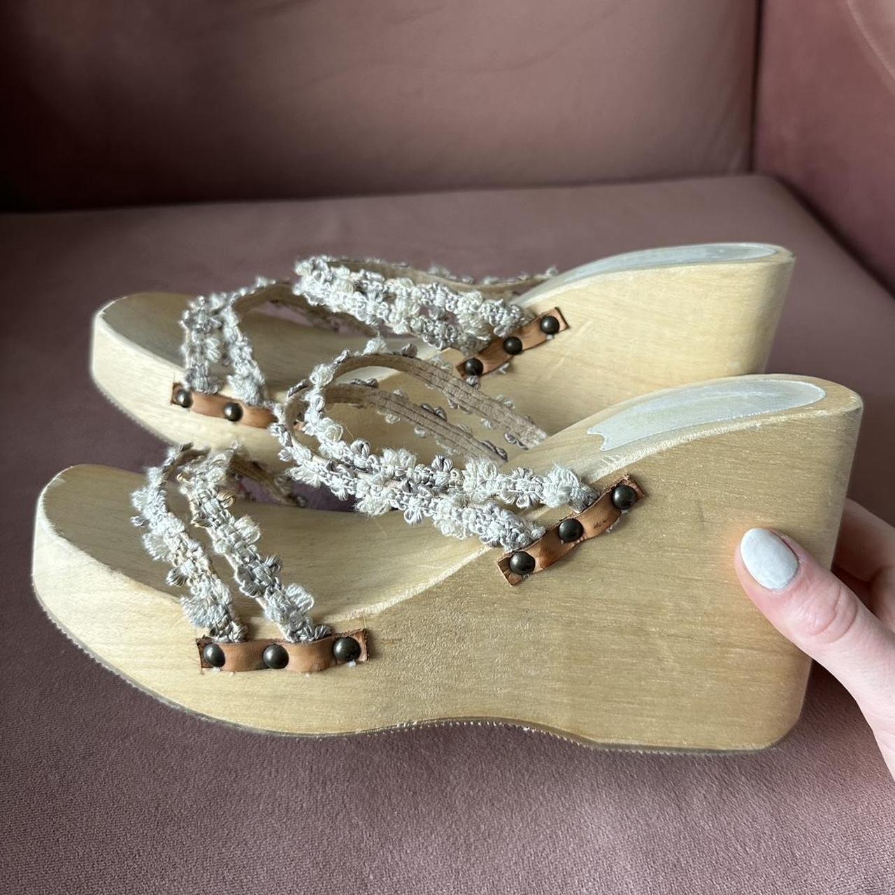 wooden clog platform sandals with floral braided... | Depop