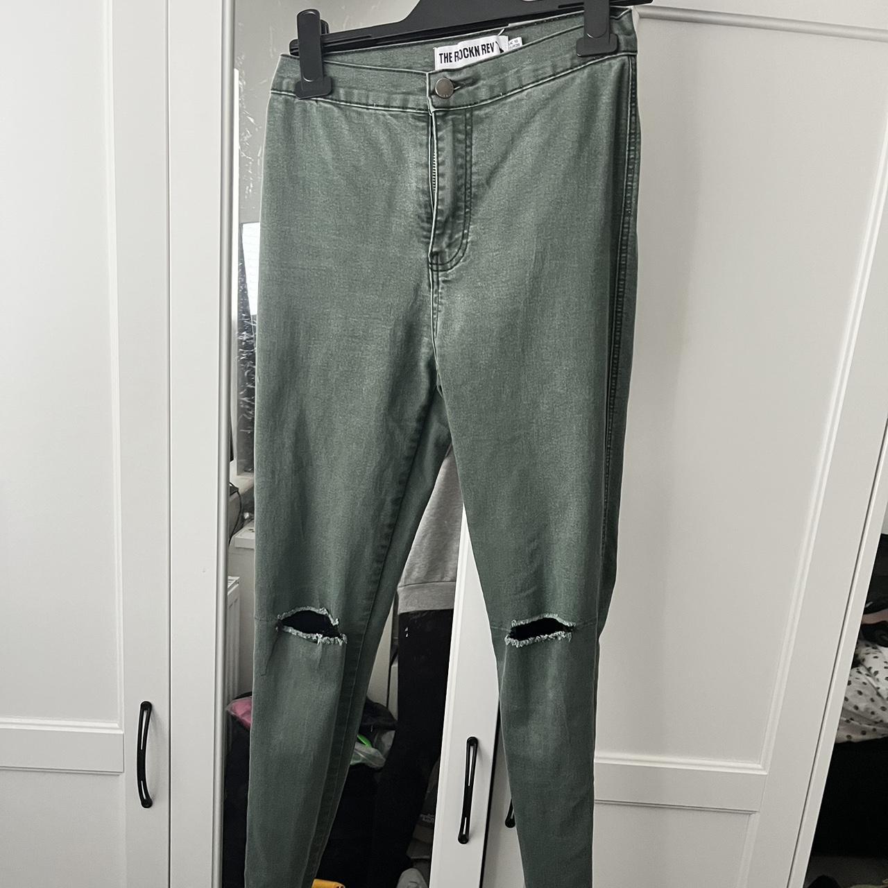 Khaki ripped knee high waist jeans size 10. - Depop