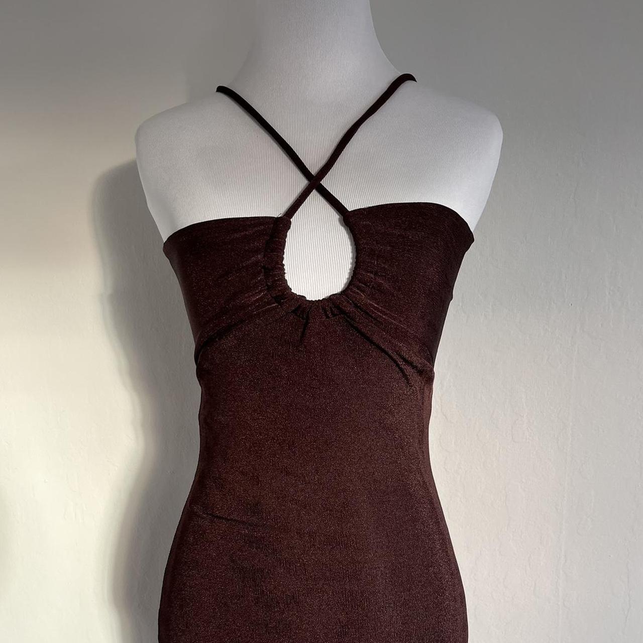 Brown halter mini dress with open back Size small - Depop