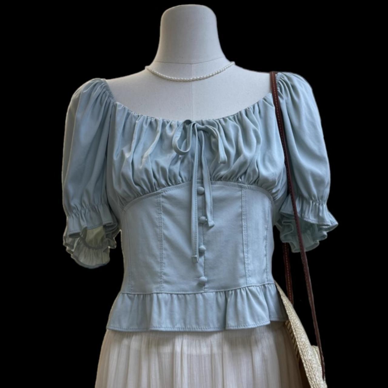 Sweet French Ruffles Bow Square Collar Puff Sleeve... - Depop