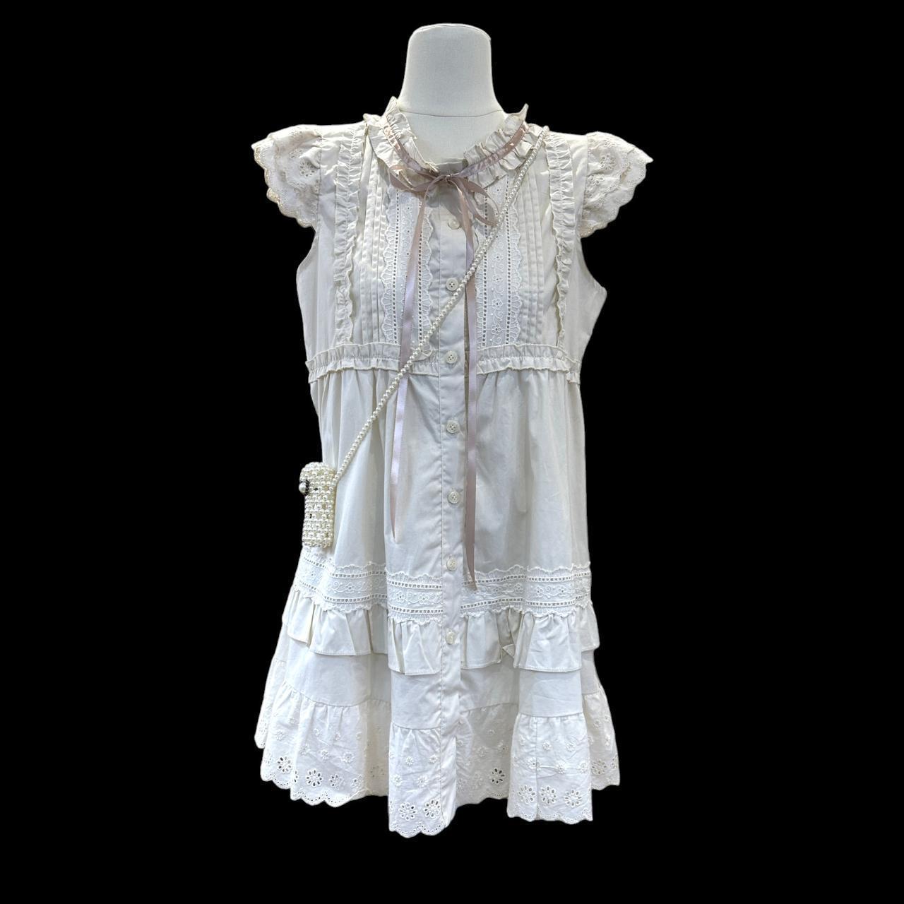 Sweet Cute Loose Stitching Ruffles Bow Flying Sleeve... | Depop