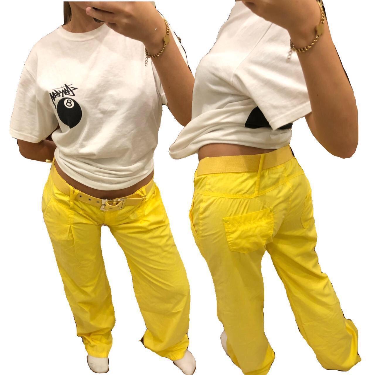 Deadstock vintage Y2K yellow cargo trousers with... - Depop