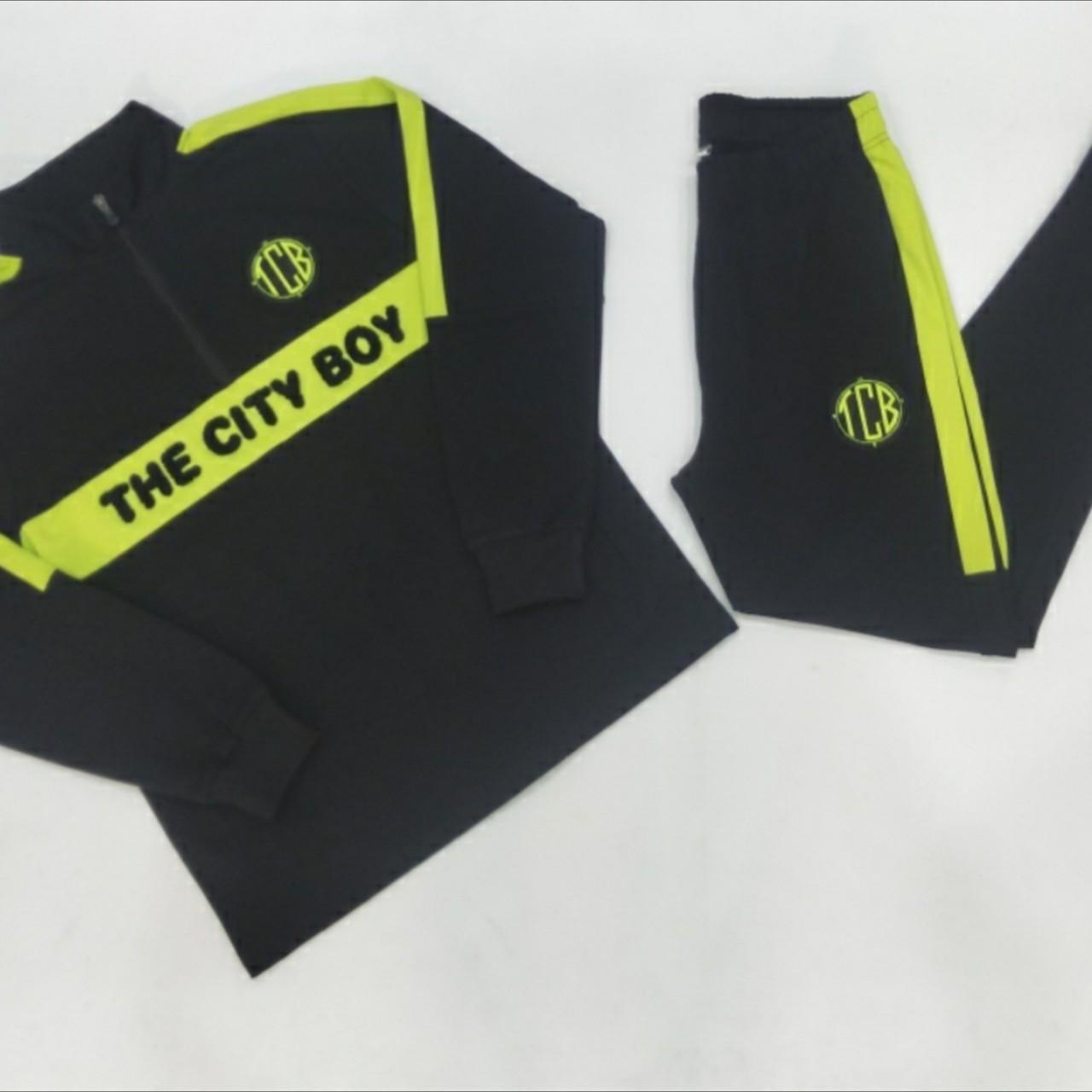 Jet Black Tracksuit with Neon Green Stripe - Home... - Depop