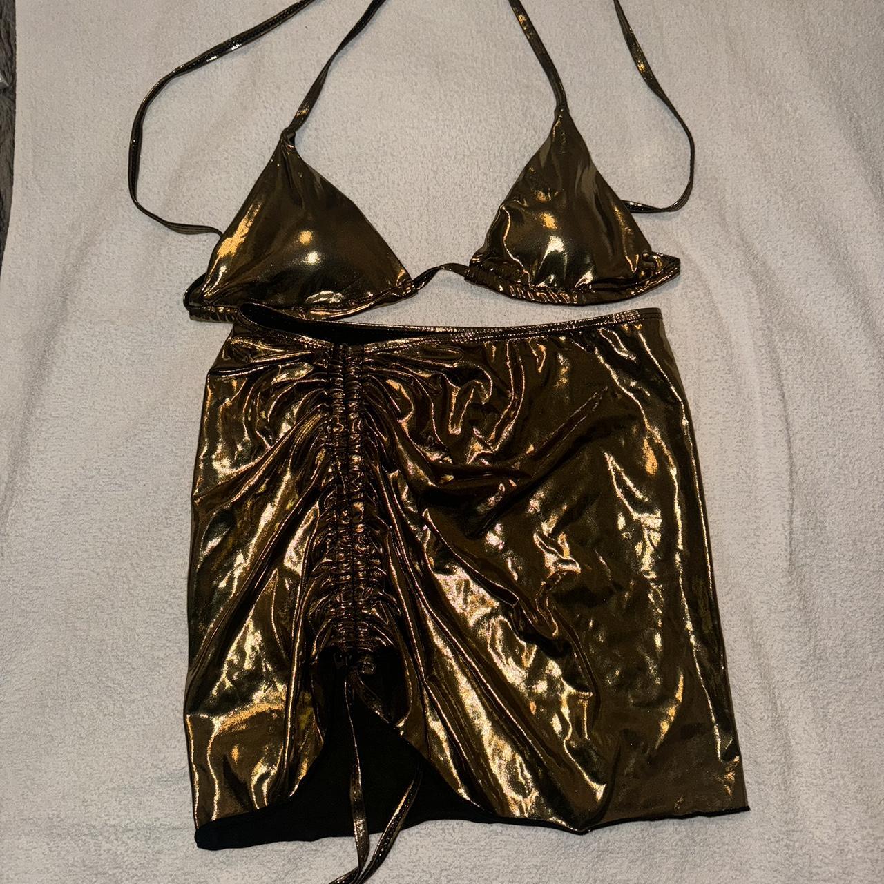 Dark gold metallic bikini 3 piece set | size S would... - Depop