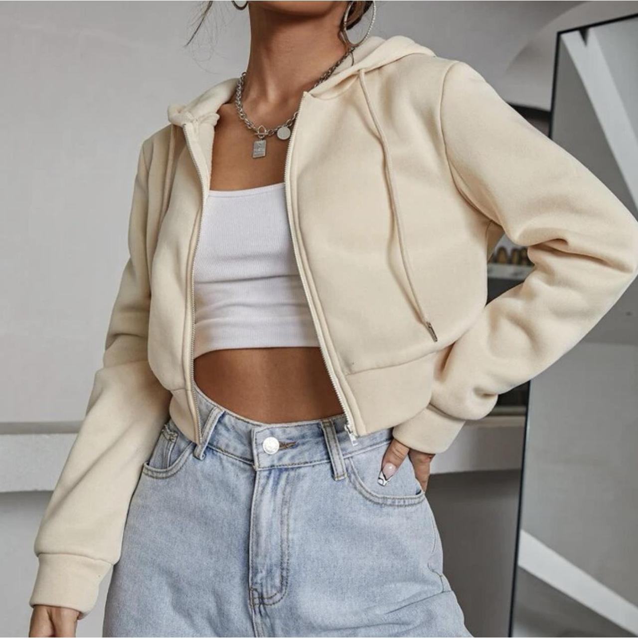 Shein beige / cream cropped zip up jacket Size... - Depop