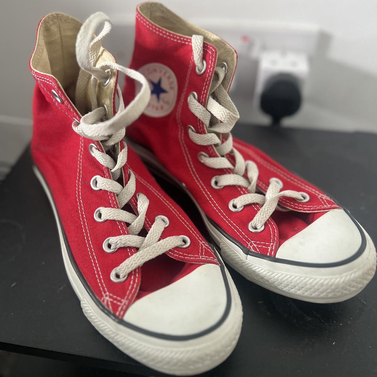 Red and white high top Converse trainers - Depop