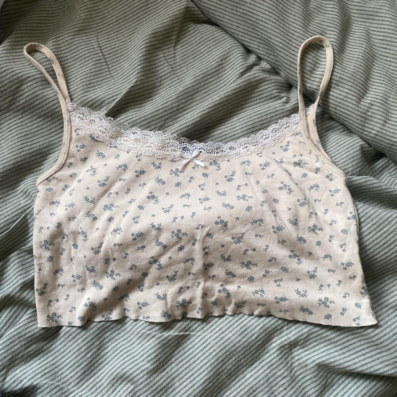 brandy melville cropped cream floral tank top with... - Depop