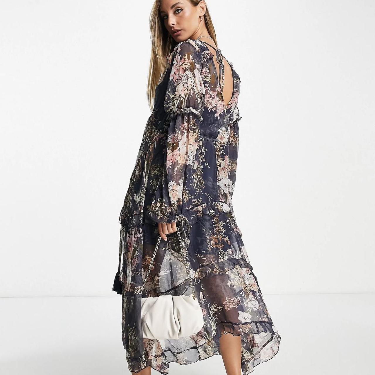Asos Design Pleated Layered Tiered Navy Floral Midi Depop