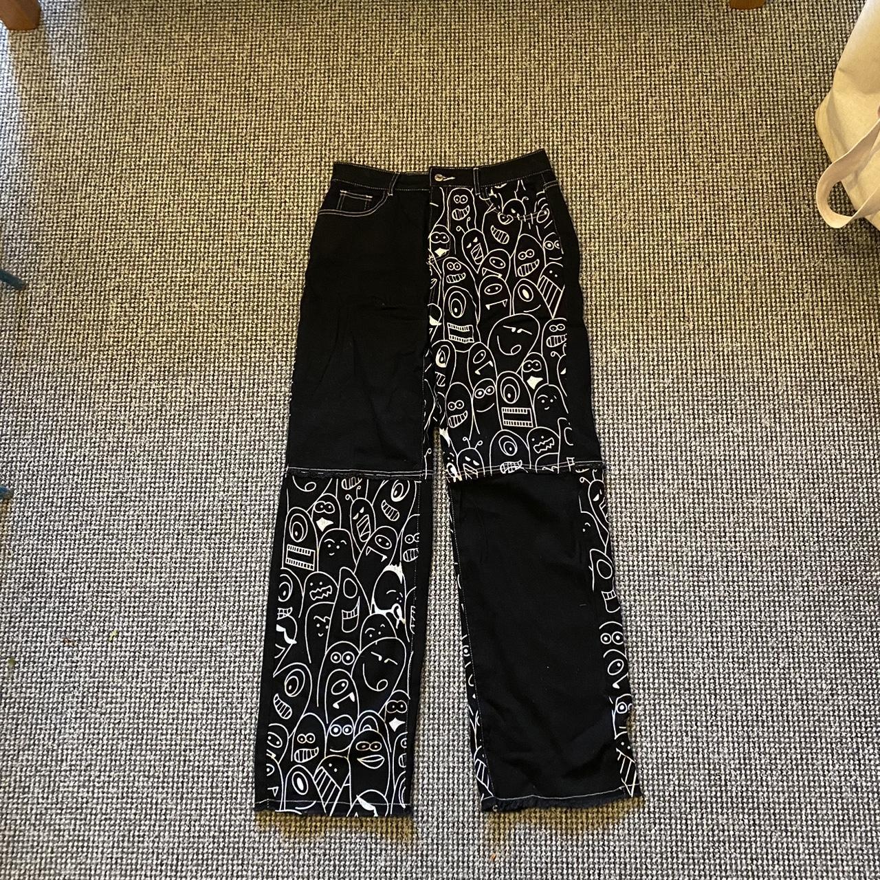 Super funky patchwork cartoon print jeans Black... - Depop