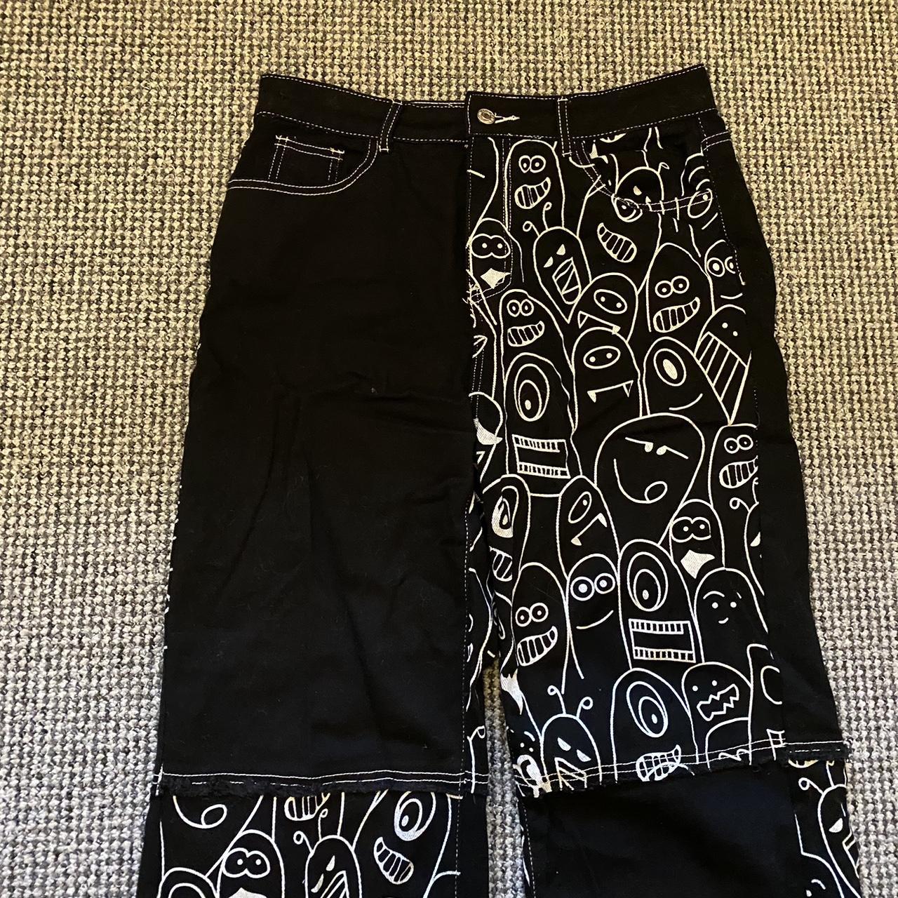 Super funky patchwork cartoon print jeans Black... - Depop
