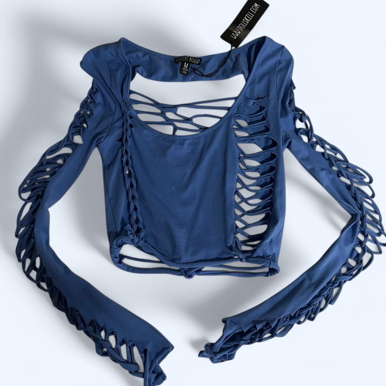 Blue cut out woven long sleeve crop top | Depop